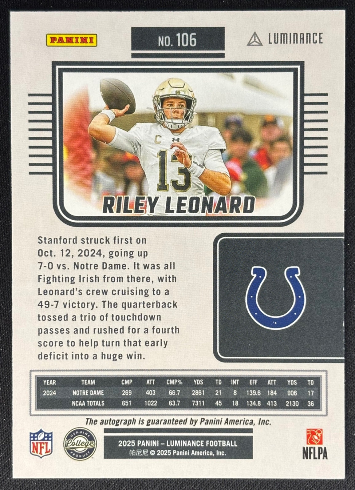 Riley Leonard 2025 Luminance Auto Gold /100 Colts | Wayne Collection