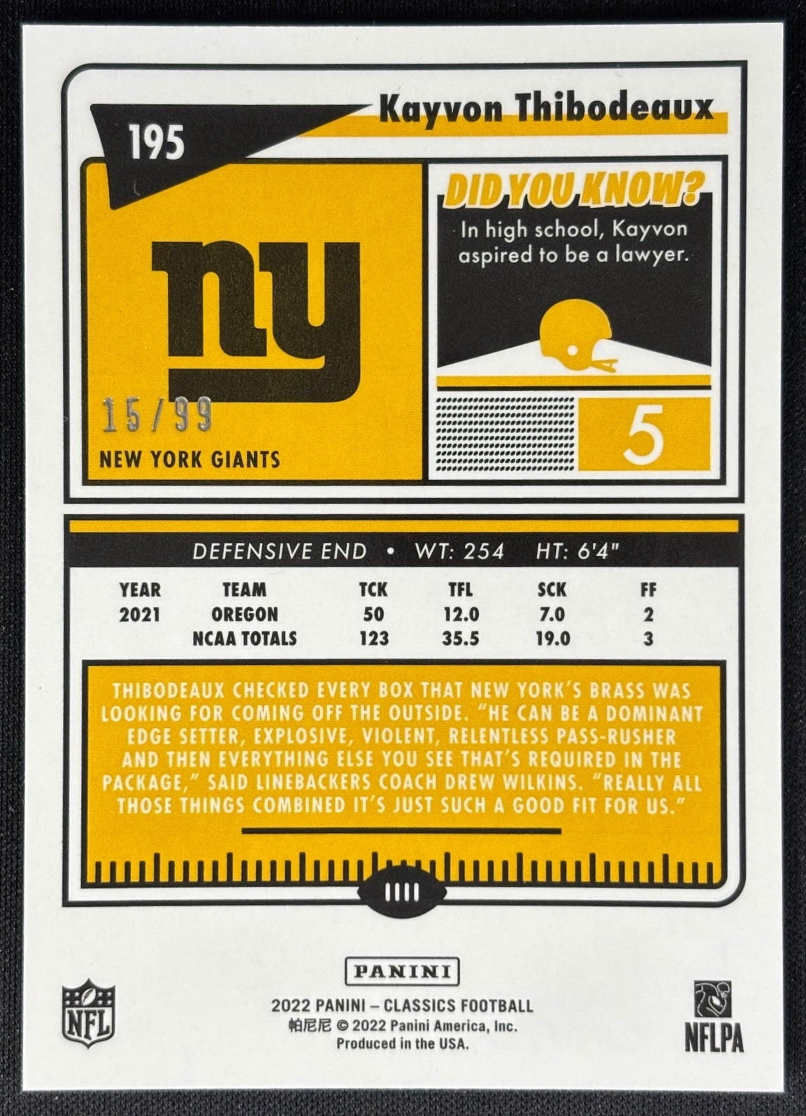 Kayvon Thibodeaux 2022 Classics Timeless Tributes Gold /99 Giants | Wa ...