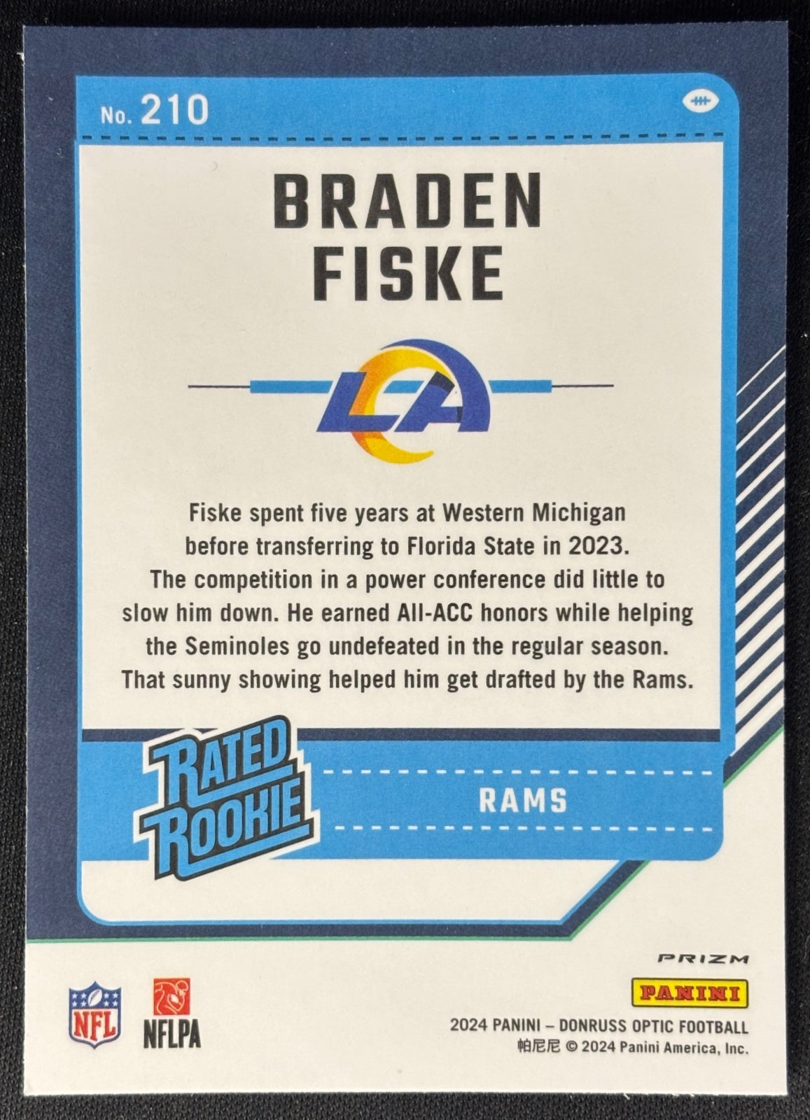 Braden Fiske 2024 Donruss Optic Green Velocity Rams | Wayne Collection